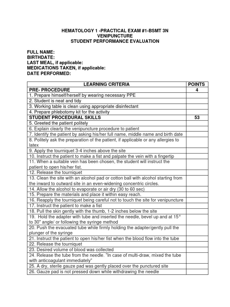 Rubrics For Hema 1 - Practical #1 Venipuncture | PDF | Medical ...