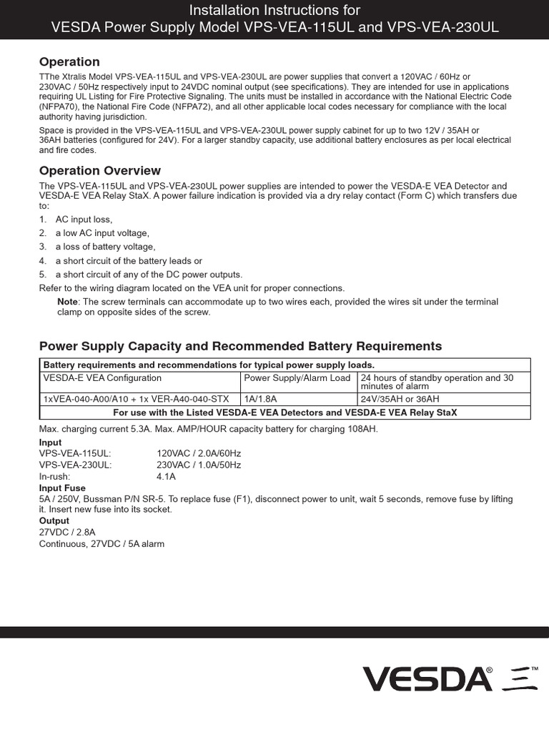 01 VESDA-E VEA Power Supply VPS-115-230UL Installation Instruction ...