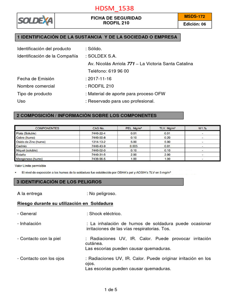 Ficha de Seguridad Rodfil 210 MSDS-172 | PDF | Manganeso | Soldadura