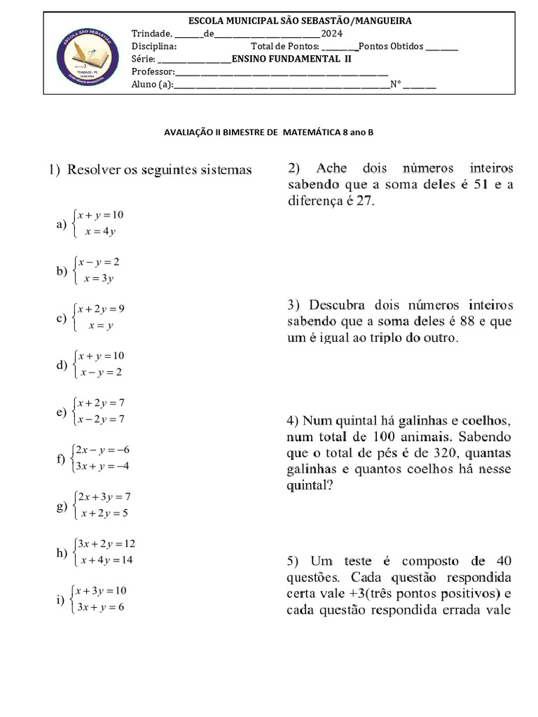 Avaliação Matemática 8 Ano B Pdf