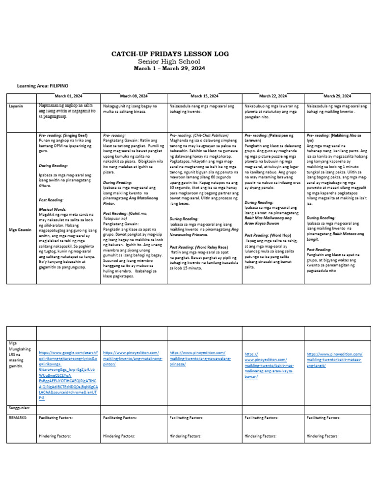Filipino DLL Catch-Up Friday | PDF