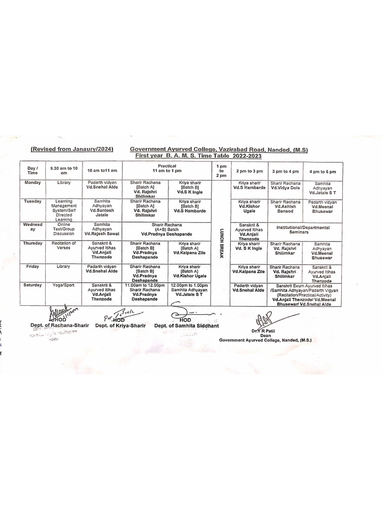 1st BAMS 2022-23 Time Table | PDF