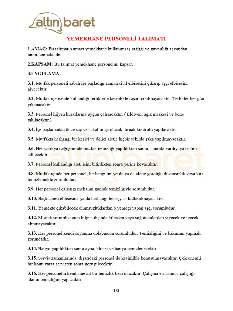Yemekhane Personeli Talimati | PDF