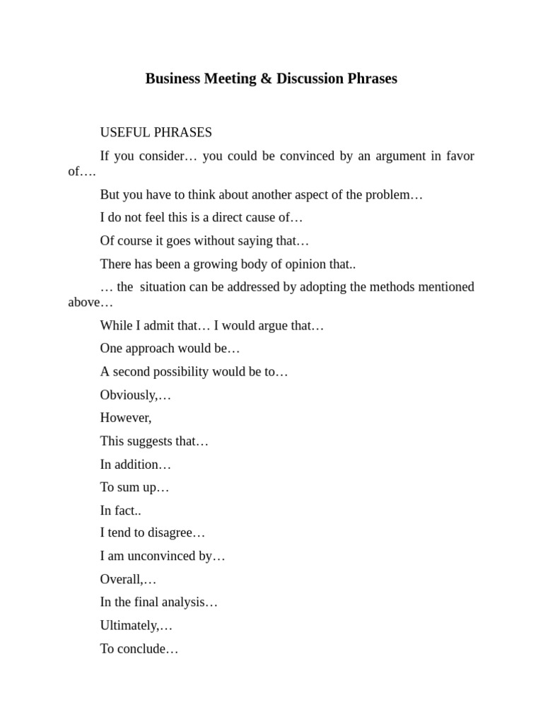 Business Meeting Discussion Phrases | PDF | Argument | Logic