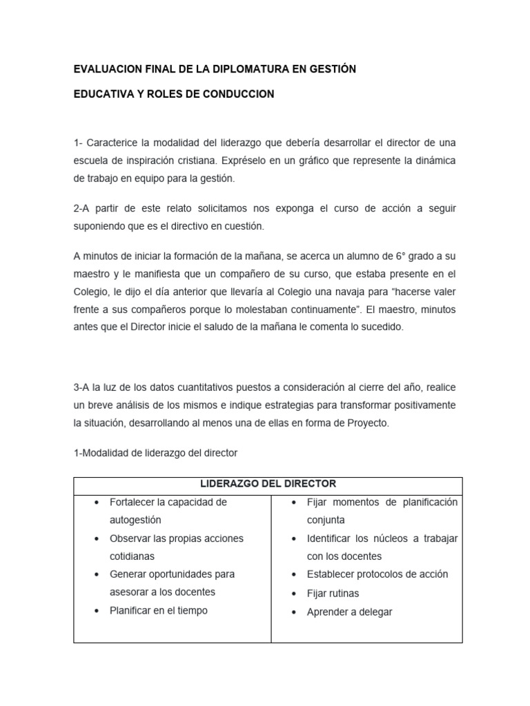 Evaluacion Final de La Diplomatura en Gestión | PDF | Evaluación | Liderazgo