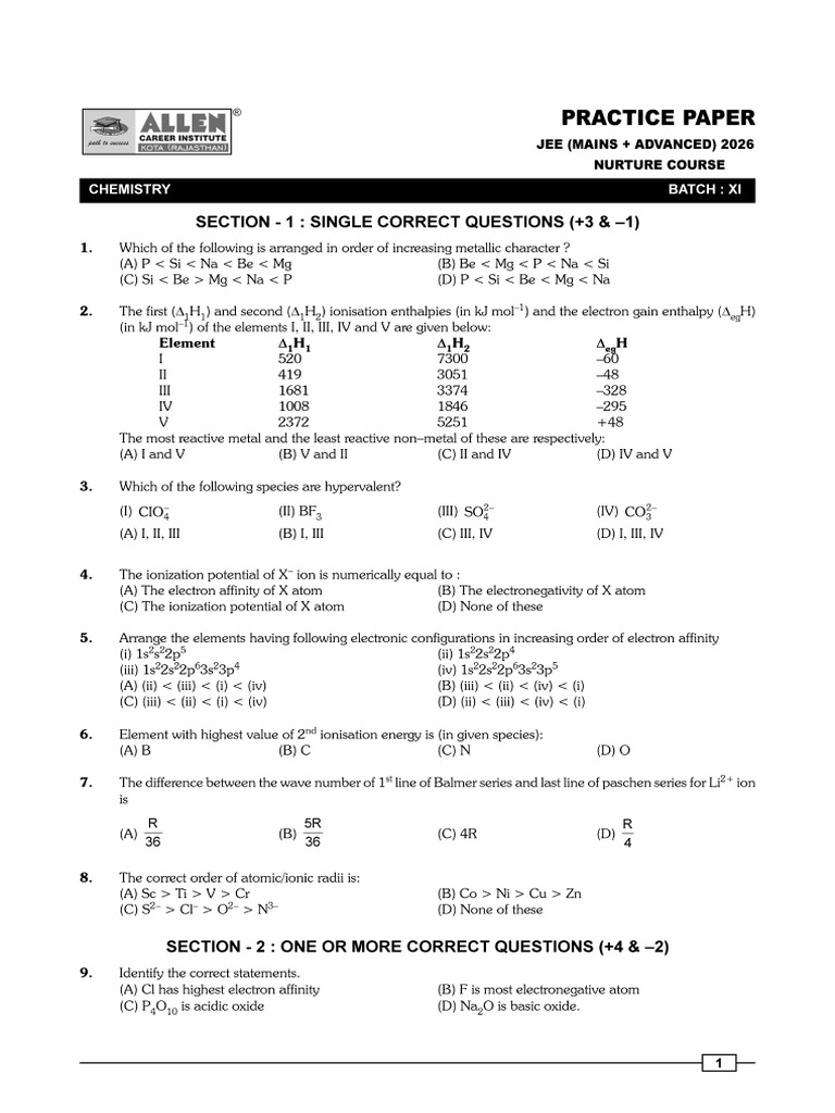 XI - Practice Paper - SC | PDF