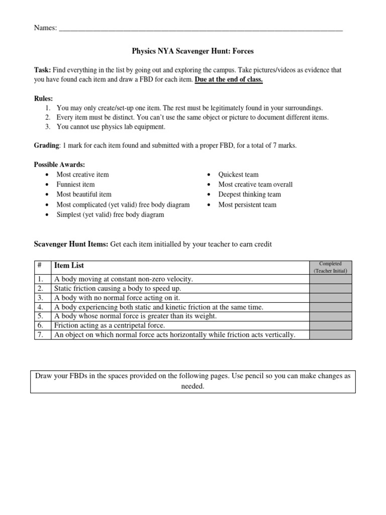 Physics Scavenger Hunt: Forces Guide | PDF | Force | Acceleration