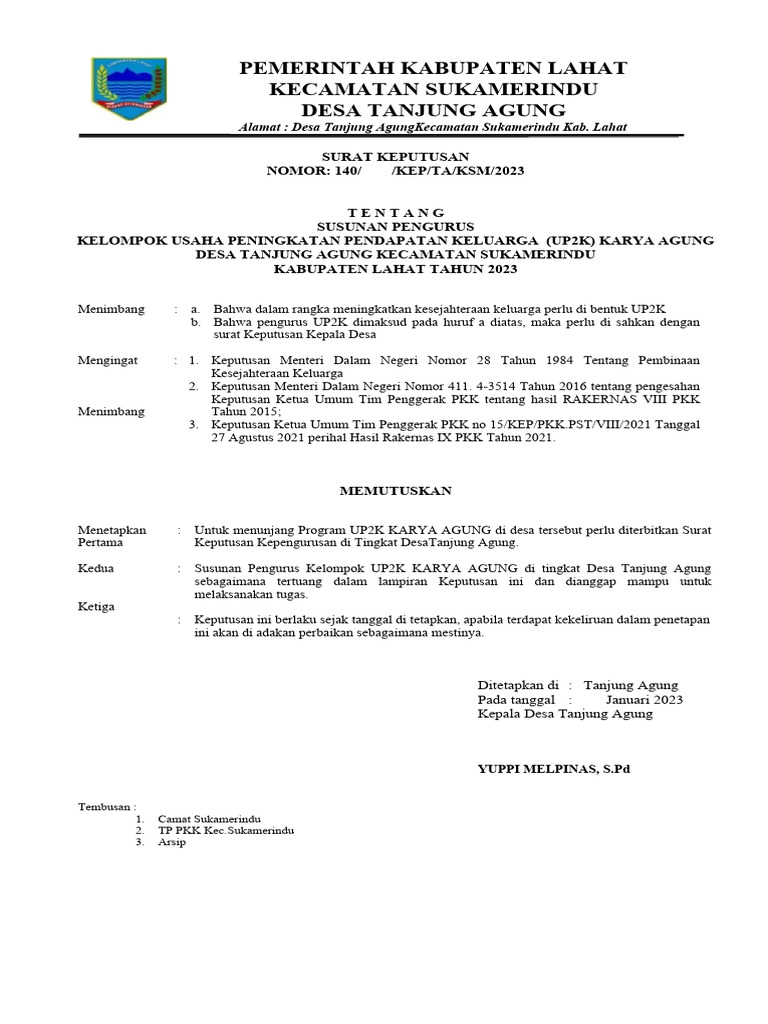 SK UP2K TANJUNG AGUNG Tahun 2023 Ok | PDF