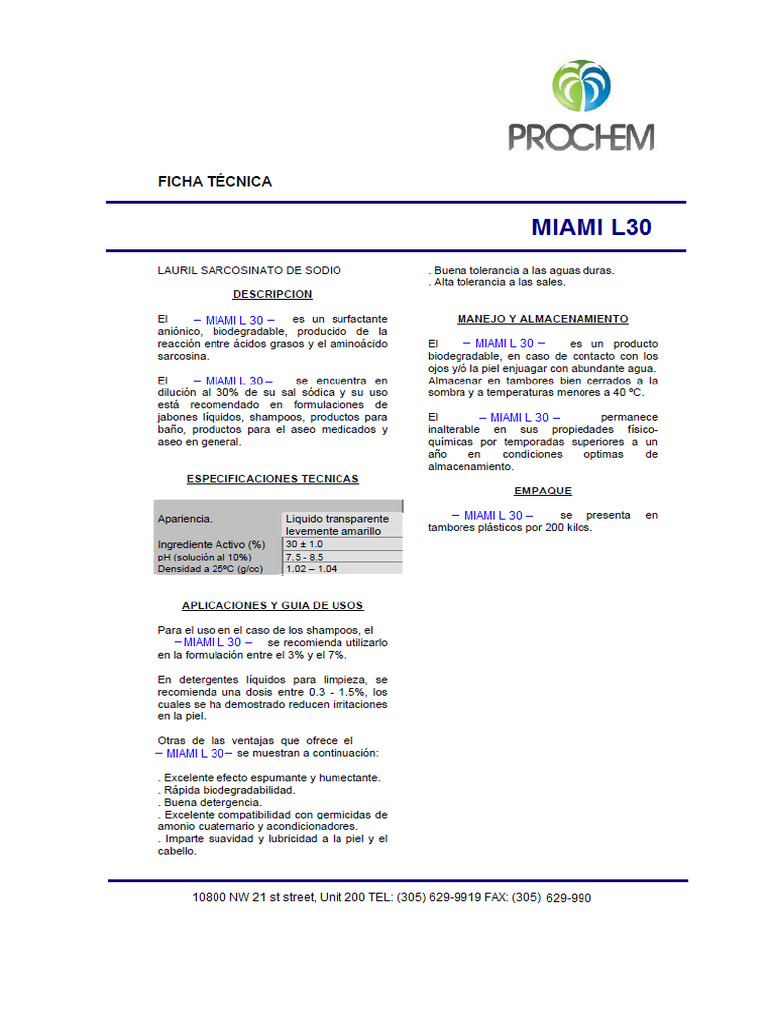 FT Lauril Sarcocinato de Sodio MIAMI L30 | PDF