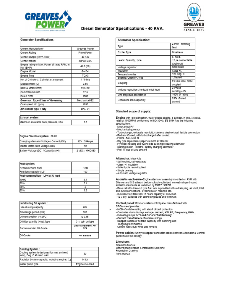 40 KVA Diesel Generator Specifications | PDF | Diesel Engine | Engines