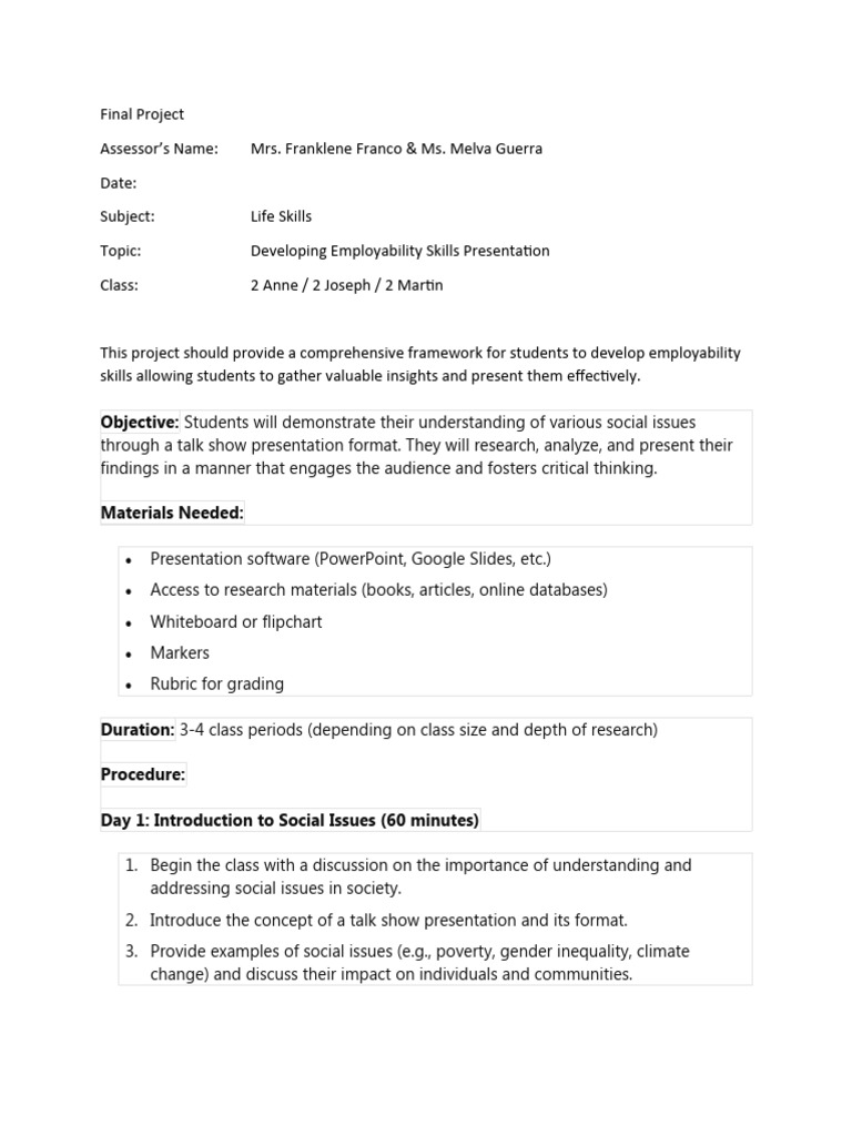 Employability Skills Talk Show Project | PDF | Human Communication ...