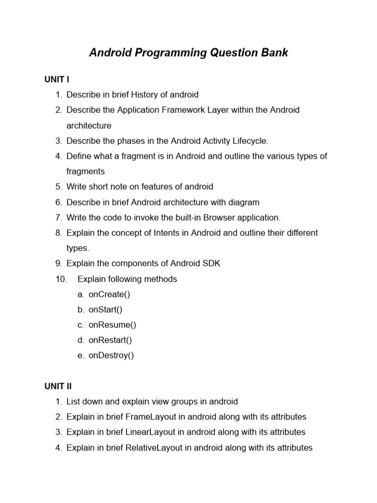 Android Programming Question Bank | PDF | Android (Operating System) | Computing