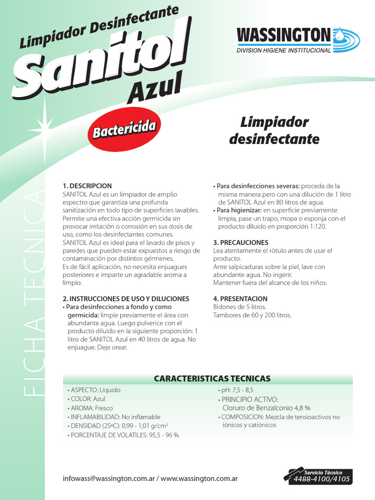 Limpiador Desinfectante Sanitol Azul | PDF | Agua | Microbiología