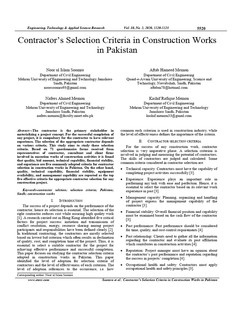 Contractors Selection Criteria in Construction Wo | PDF | Employment | Data
