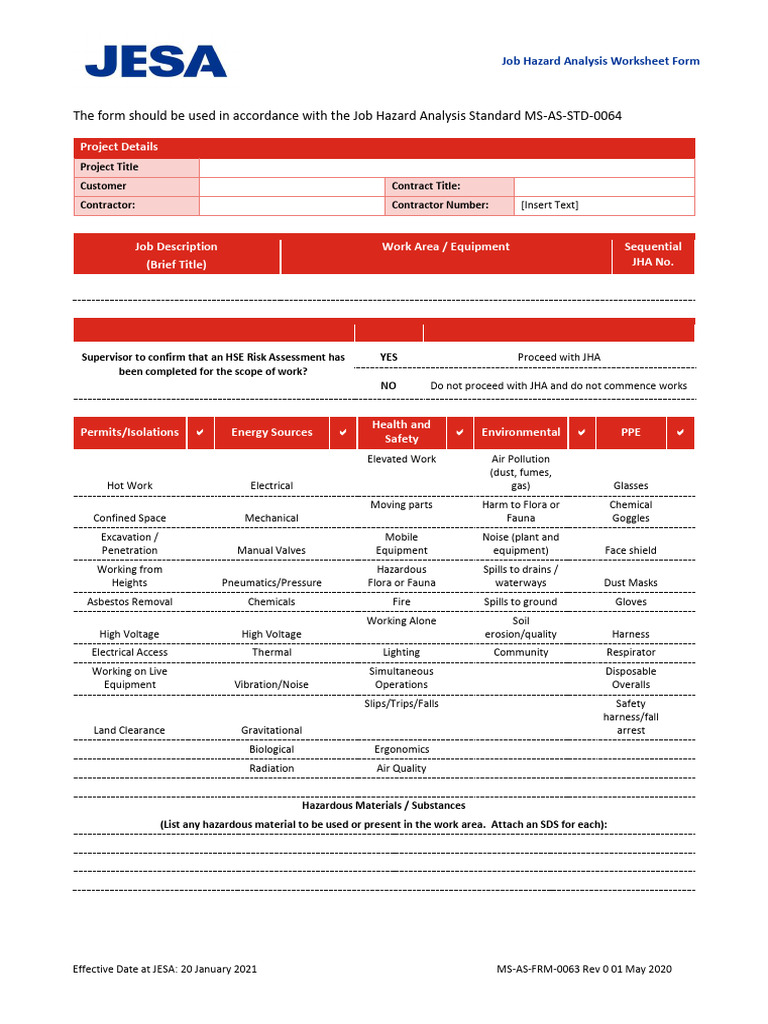 MS-AS-FRM-0063 Job Hazard Analysis Worksheet Form-1 | PDF | Personal ...