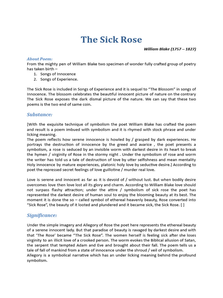 Documents Null the+Sick+Rose+18+Ready+to+Print+ +Google+Docs | PDF | William Blake | Virginity
