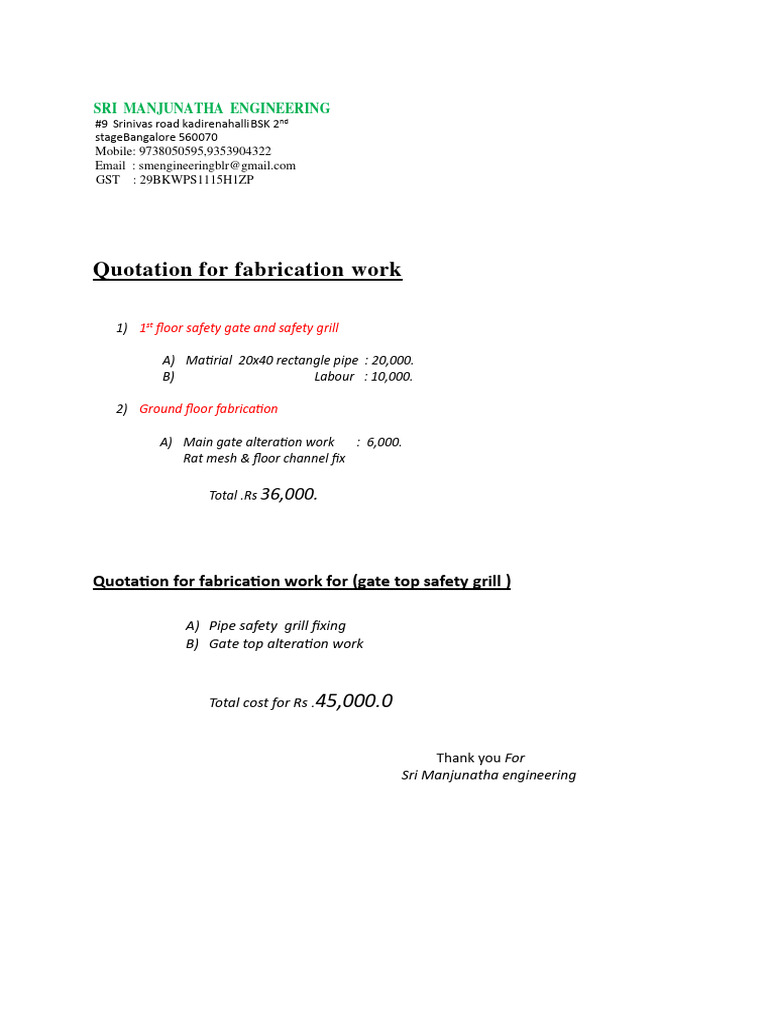 Fabrication Work Quotation - Sri Manjunatha | PDF | Technology ...