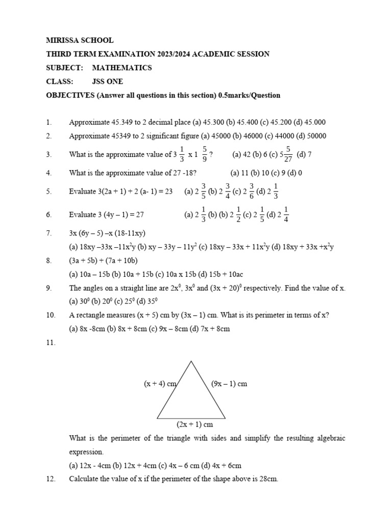 JSS1 Mathematics Third Term Exam 2023 | PDF | Triangle | Electric Current