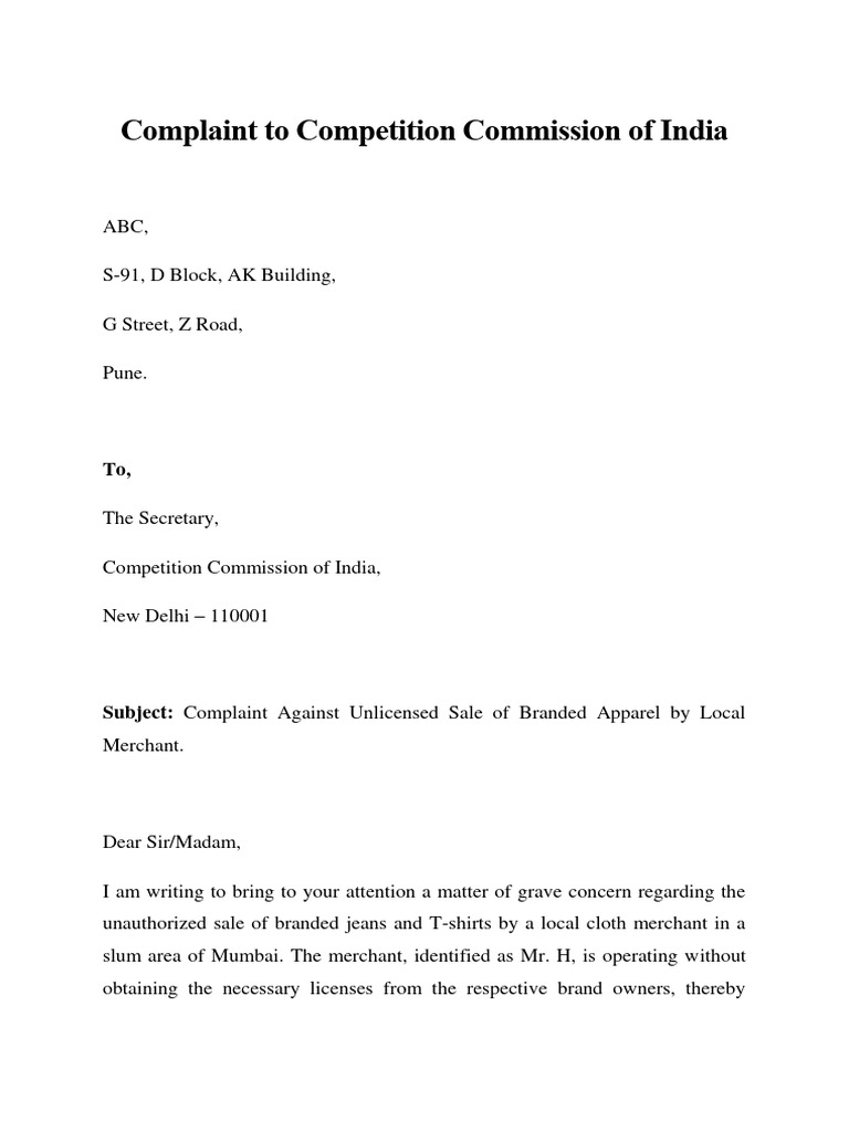 Draft IV - Complaint To Competition Commission of India | PDF ...
