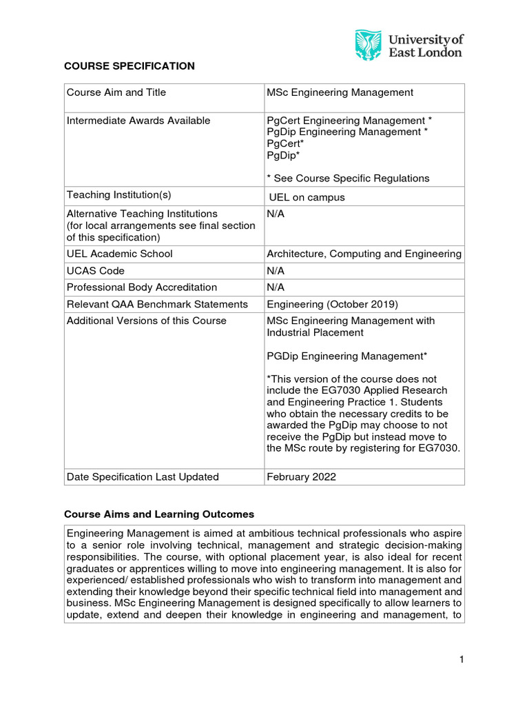 Course Specification - MSC Engineering Management | PDF | Engineering | Learning