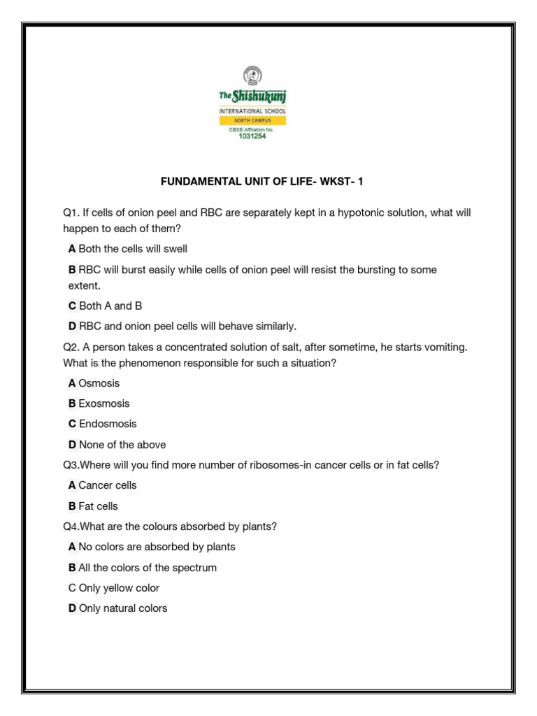 Fundamental Unit of Life - WKST - 1 | PDF | Osmosis | Cell (Biology)