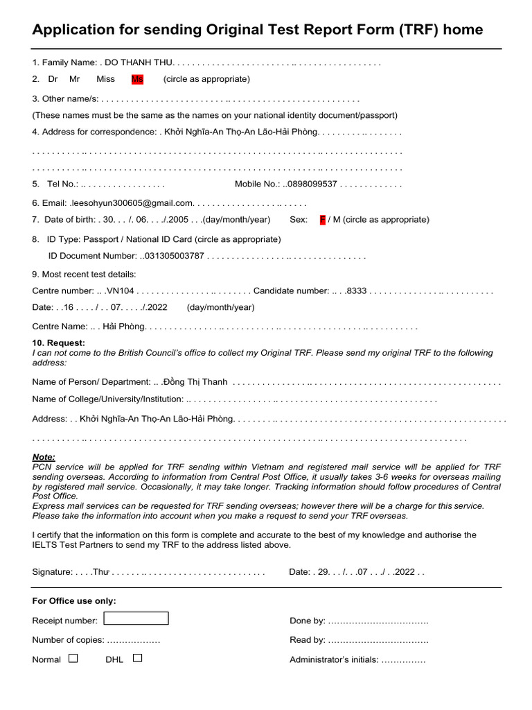 Application for sending Original Test Report Form (TRF) home | PDF ...