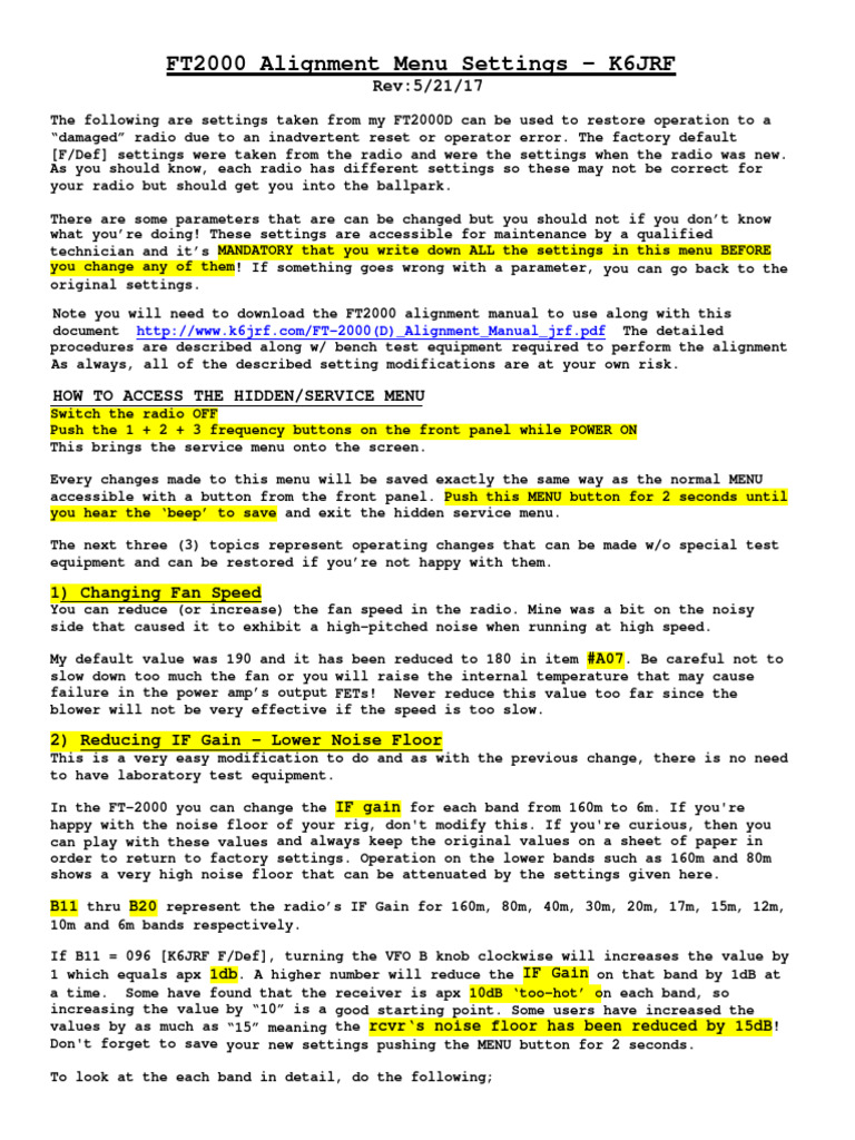 FT2000 Alignment Menu Settings 5-21-17 | PDF | Information And ...