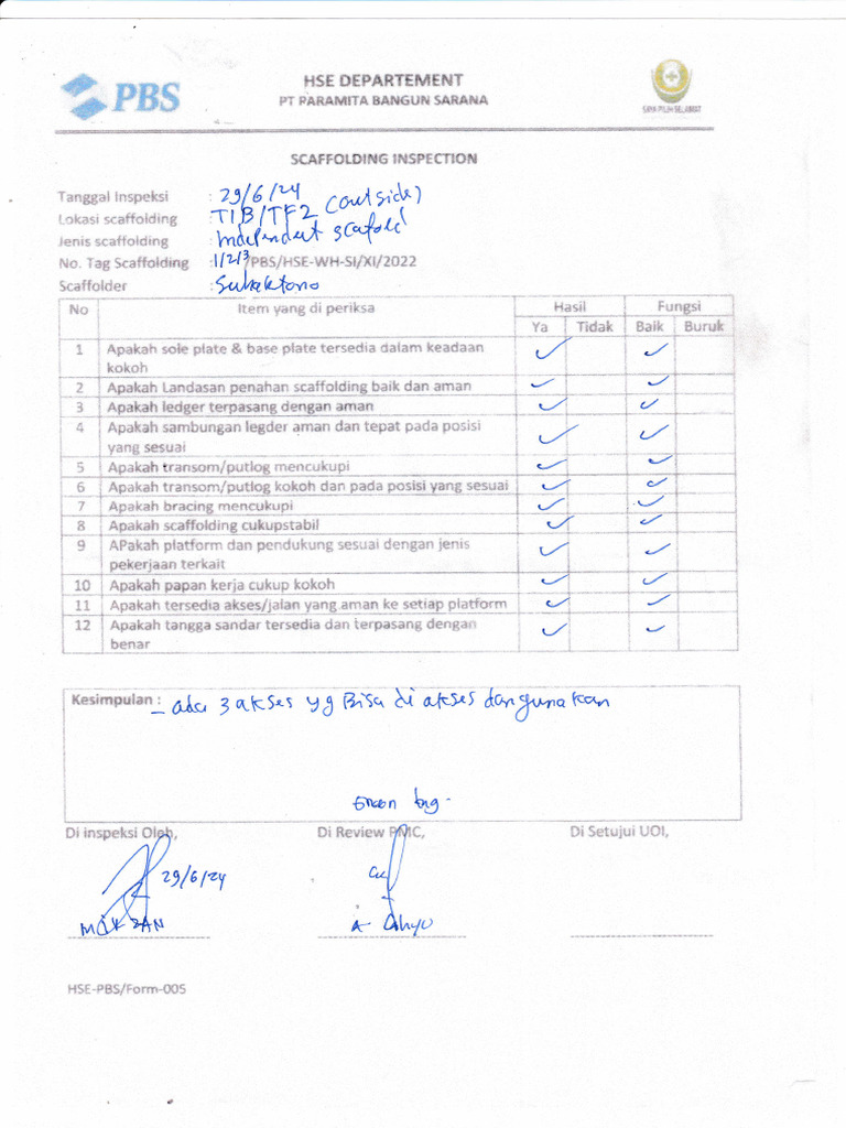 Inspeksi Mingguan PBS | PDF