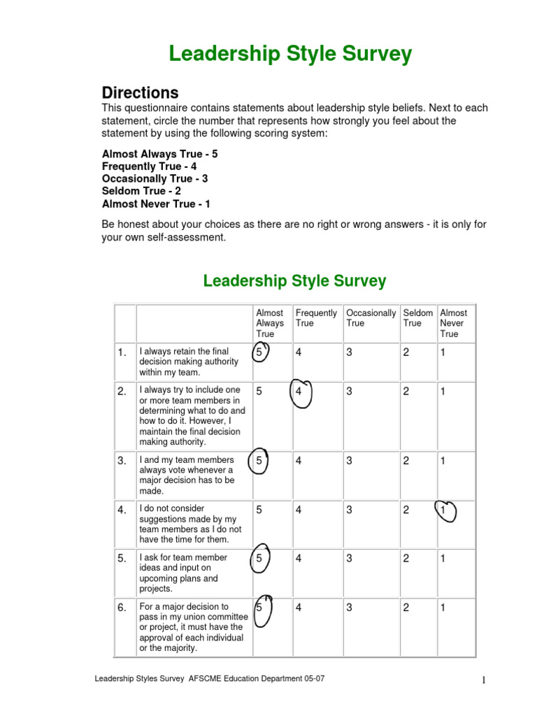 Leadership Styles Self-Assessment Quiz | PDF | Leadership | Behavioural ...