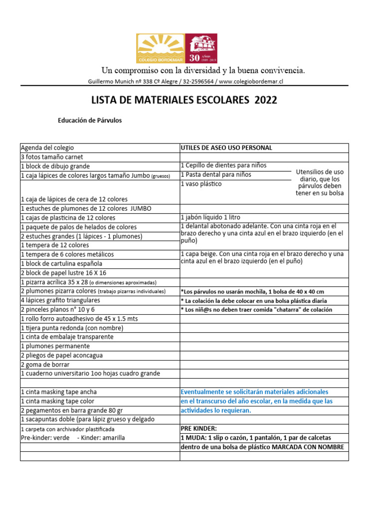 LISTA DE UTILES ESCOLARES 2022 Oficial | PDF | Lápiz | Materiales de Conservación y Restauración