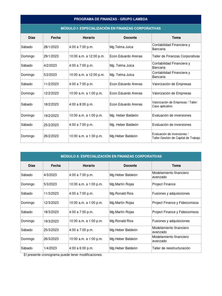 Cronograma Programa de Finanzas AFA | PDF | Business | Comercio