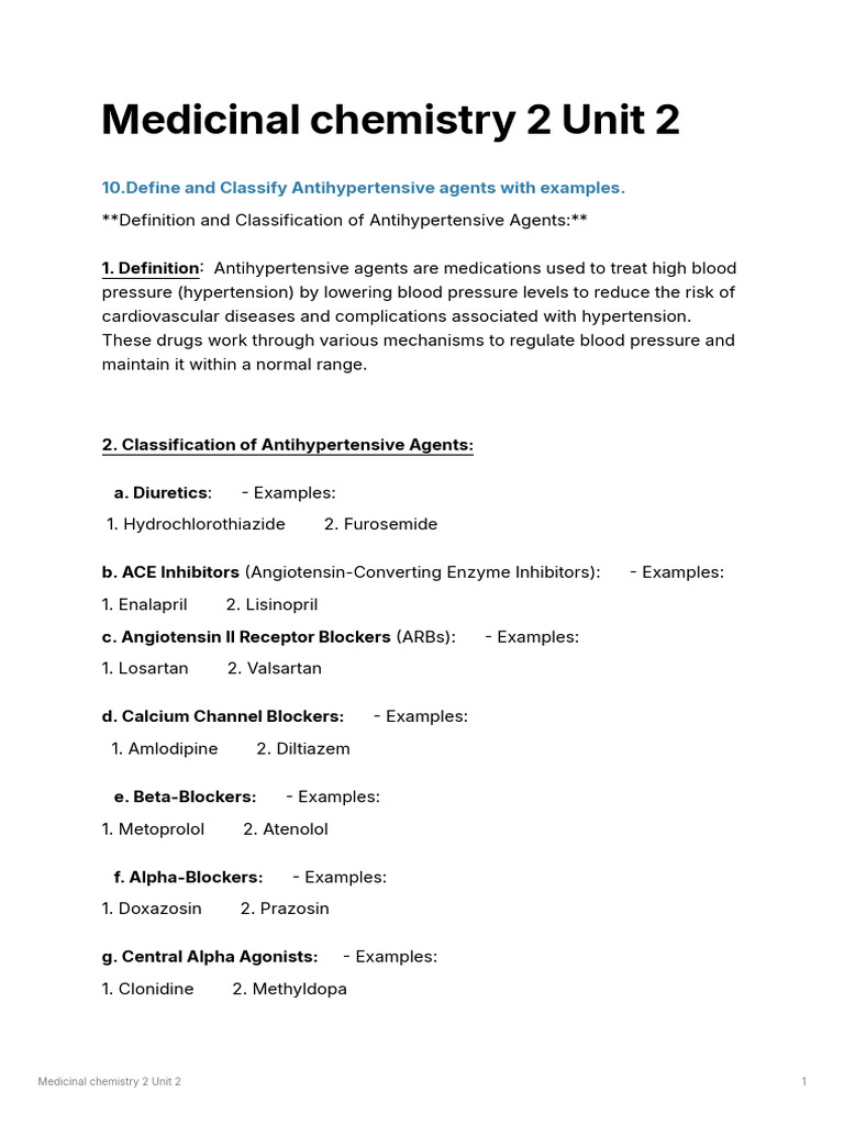 Medicinal Chemistry 2 Unit 2 | PDF | Drugs | Hypertension