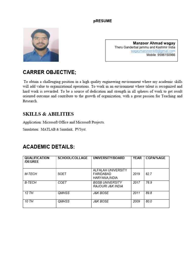 Manzoor Ahmad Wagay Resumee | PDF | Computing