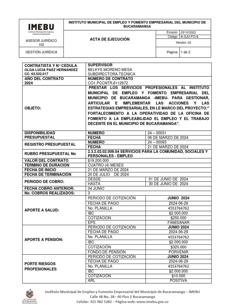 A-GJU-FO18 Acta de Ejecución JUNIO Olga | PDF