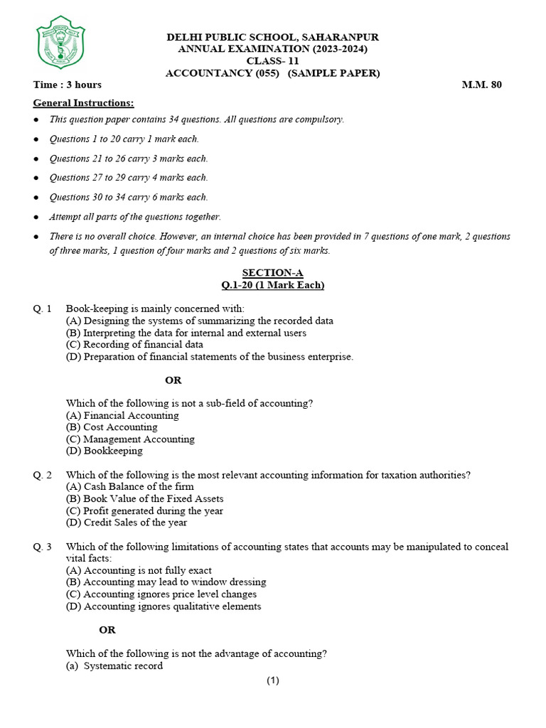Class - 11 Accountancy Annual Exam Sample Paper | PDF | Debits And ...