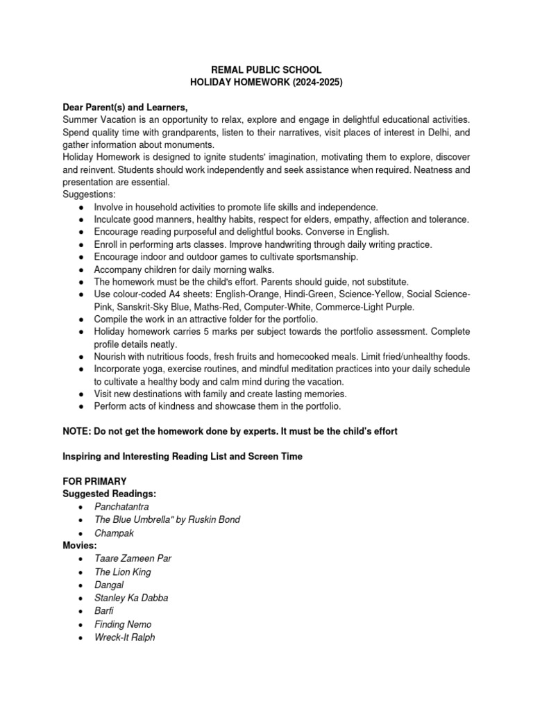Remal Public School HOLIDAY HOMEWORK (2024-2025) Dear Parent(s) and ...