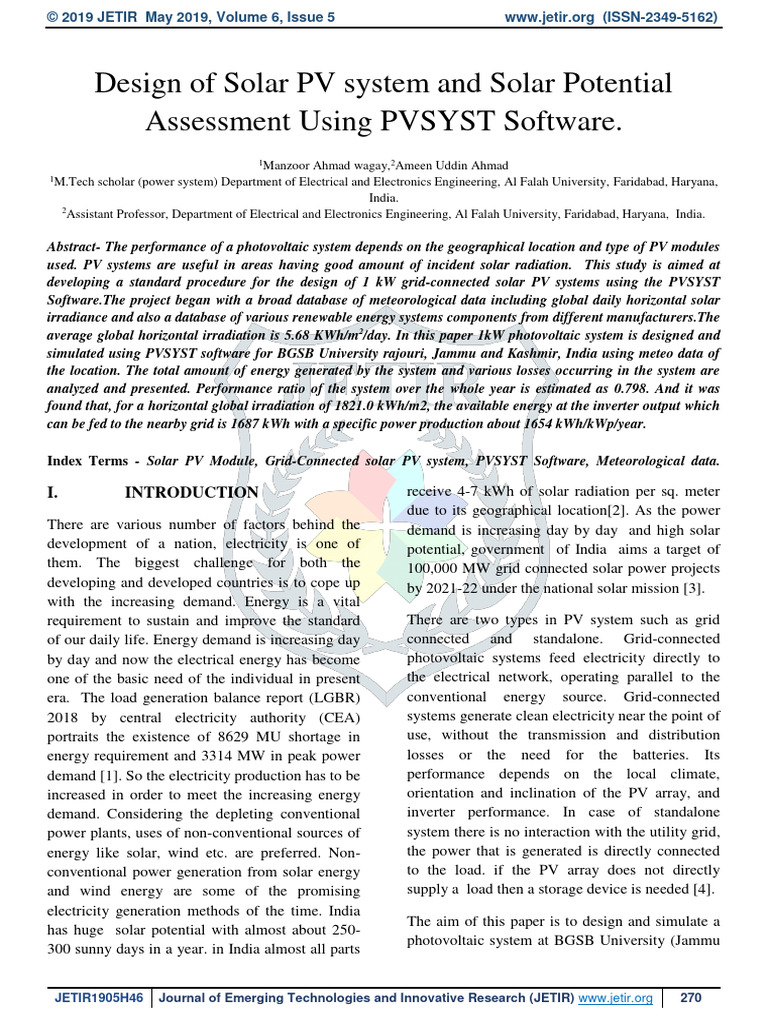 JETIR1905H46 | PDF | Photovoltaics | Photovoltaic System