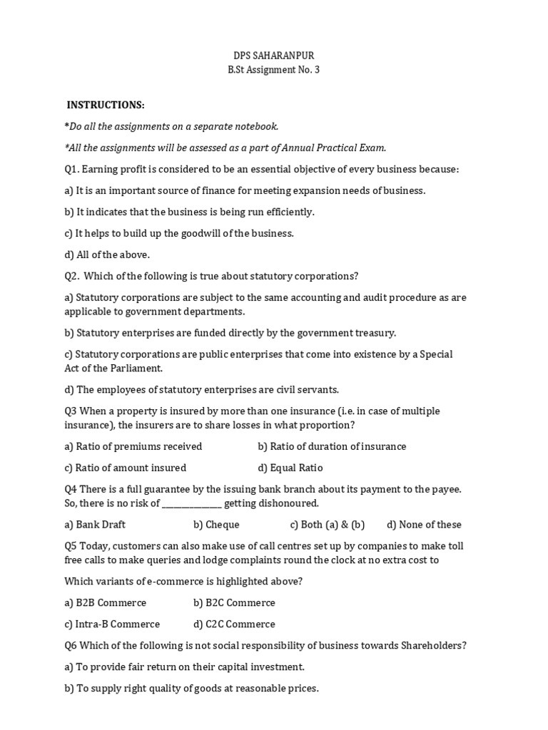 Class - XI B.St. (Assignment - 3) | PDF | Insurance | Cooperative