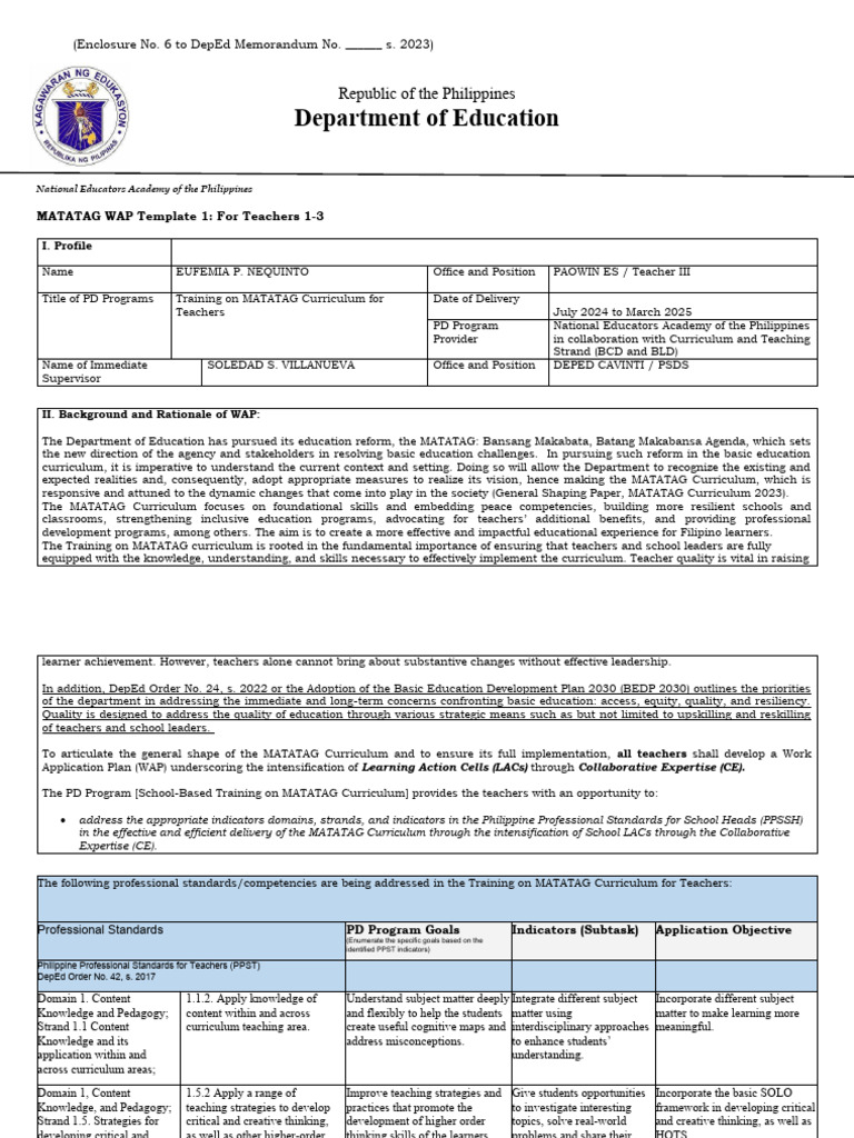 MATATAG WAP Template for Teachers 1-3 | PDF | Educational Assessment ...