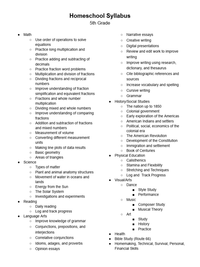 5th Grade Curriculum Plan | PDF