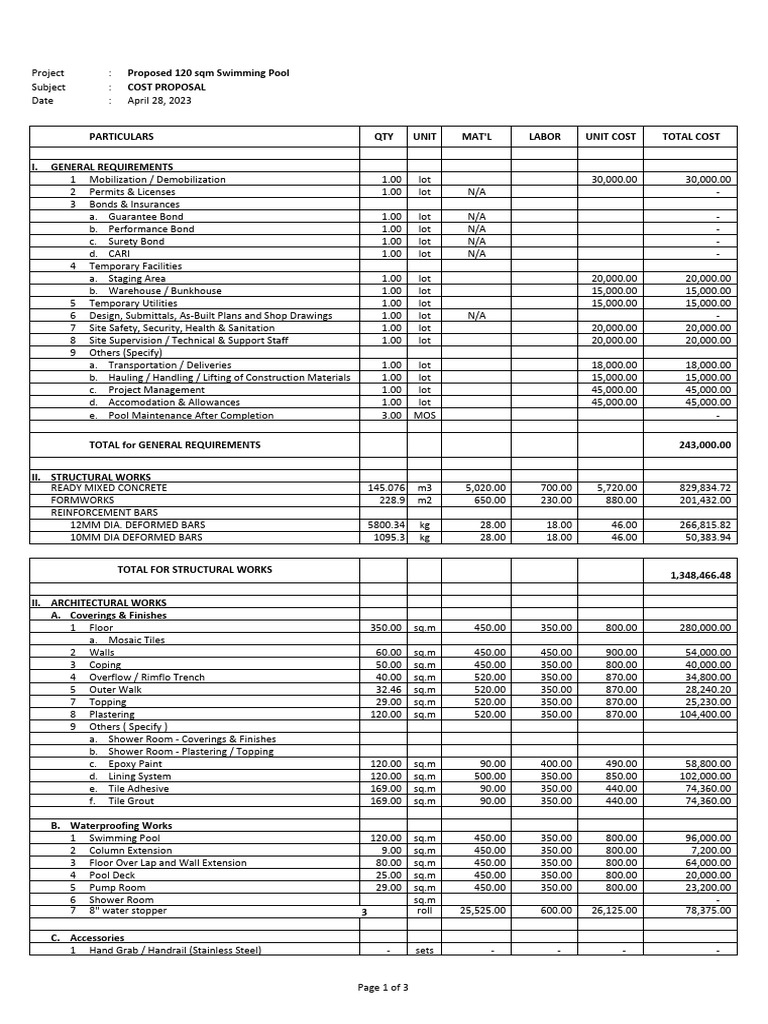 Swimming Pool Cost Proposal | PDF | Plumbing | Shower