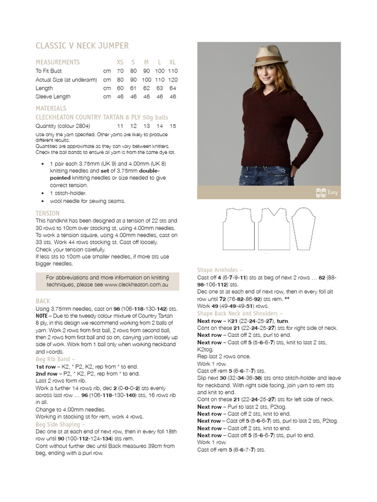 Knitting Pattern: Classic V-Neck Jumper | PDF | Knitting | Knitting Needle