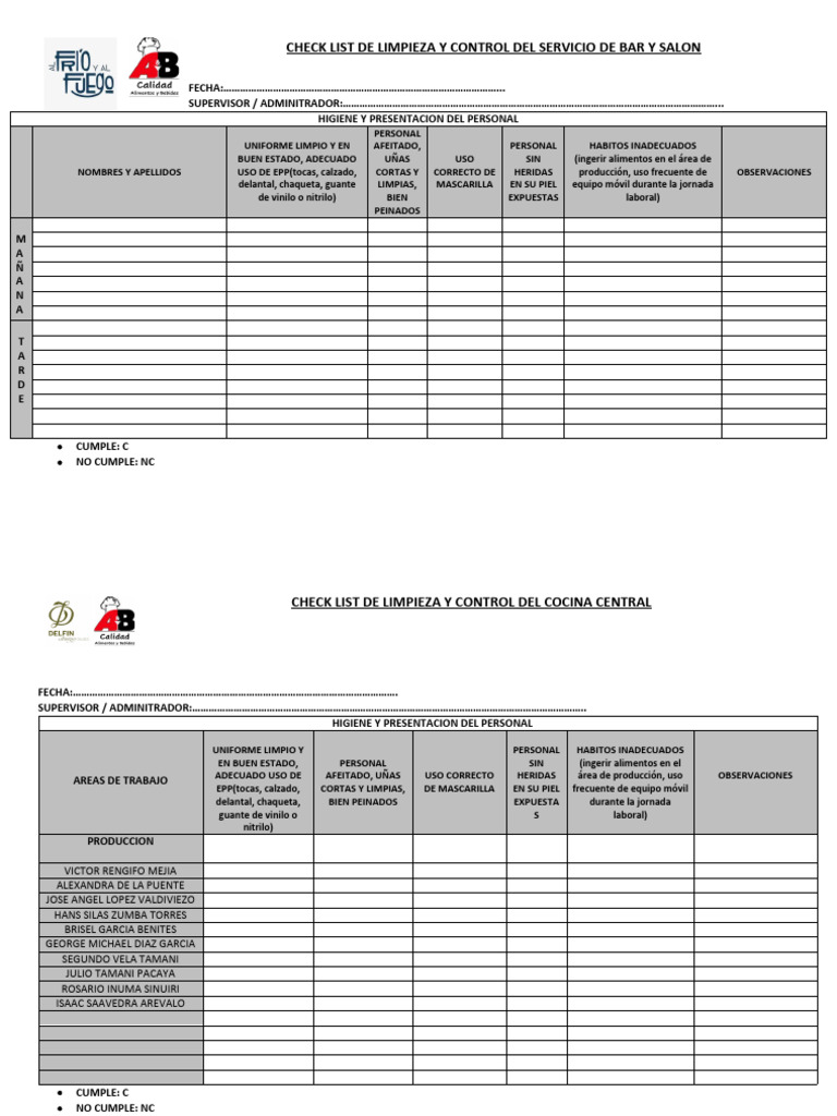 Checklist de Limpieza y Control de Bar y Cocina | PDF
