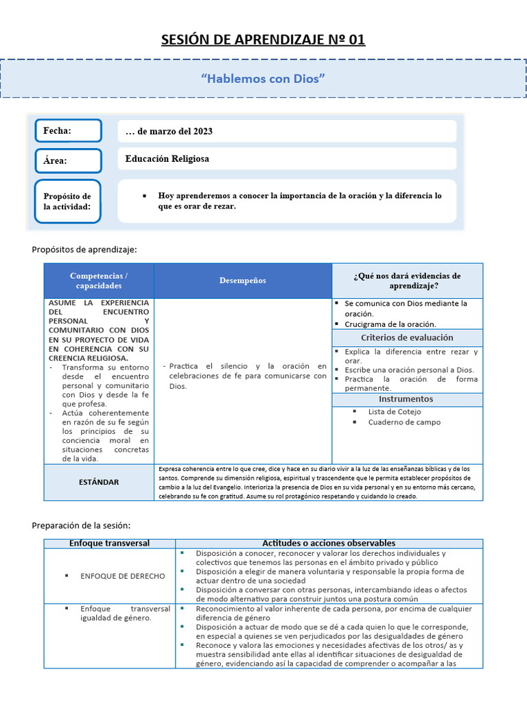 Sesión de Aprendizaje #01 La Oracion | PDF | Oración | Aprendizaje
