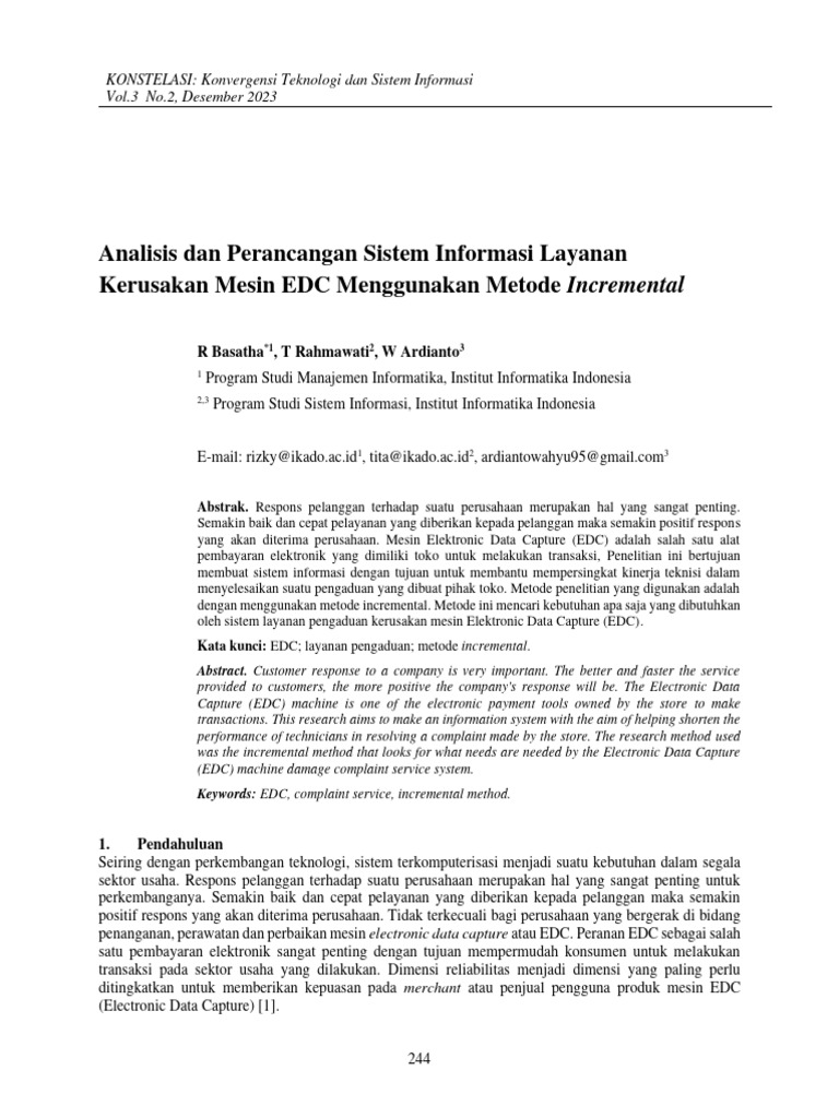 Analisis Dan Perancangan Sistem Informasi Layanan Kerusakan Mesin Edc Menggunakan Metode 