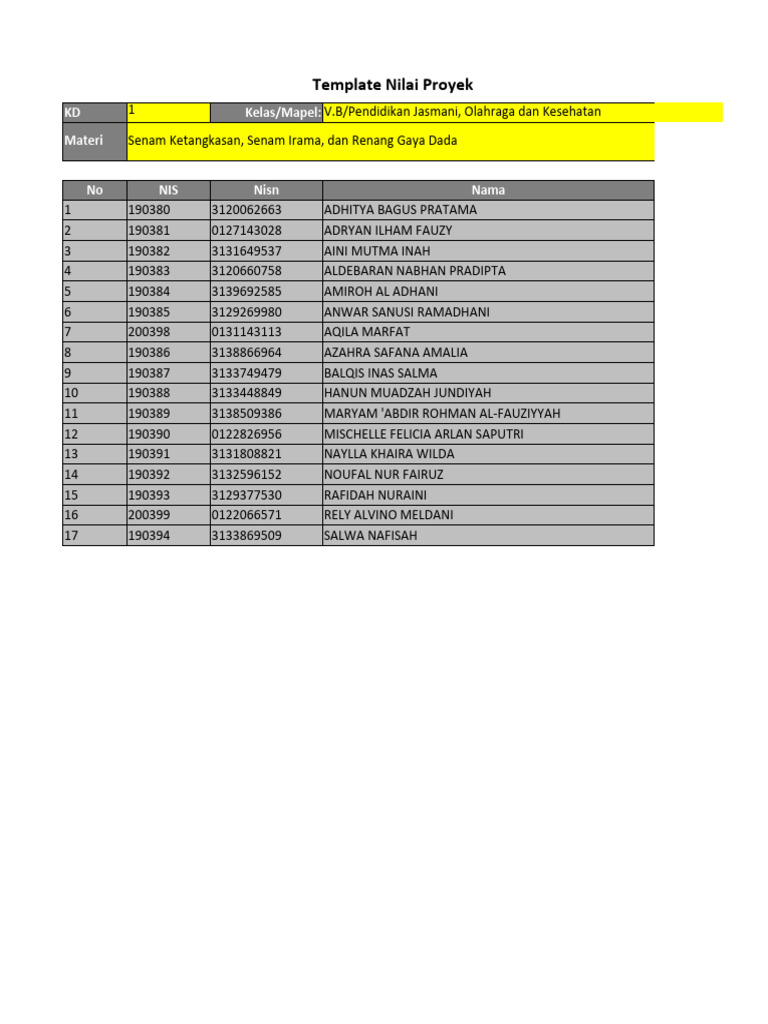 Template Nilai Pendidikan Jasmani | PDF