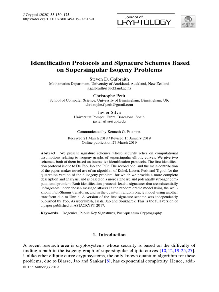 Identification Protocols and Signature Schemes Based On Supersingular Isogeny Problems | PDF ...