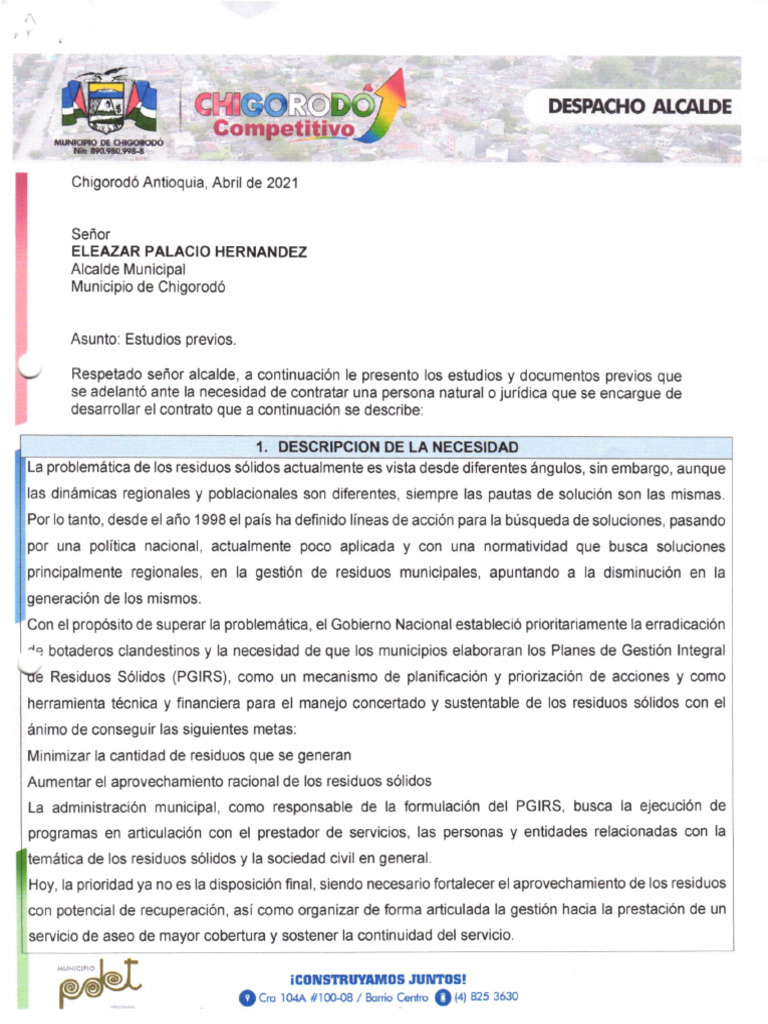 Estudios Previos Pgirs 2021 - Chigorodo | PDF | Residuos | Presupuesto