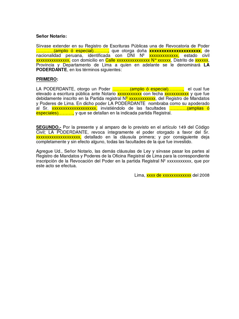 Modelo Revocatoria Poder Peru | PDF | Derecho