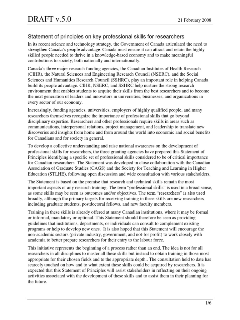 Key Professional Skills For Researchers NSERC Draft v5.0 | PDF | Mentorship | Learning